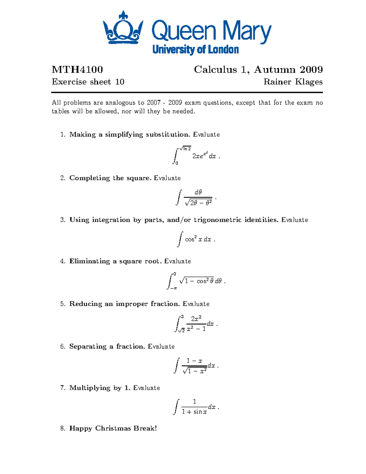 Exercise Sheet 10 - Questions - MTH4100 Calculus 1, Autumn 2009 ...