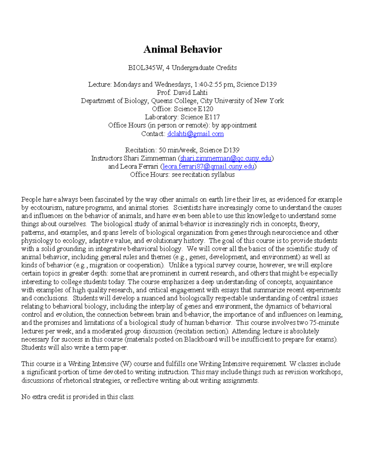 Animal Behavior BIOL345W: Undergraduate Syllabus & Exam Schedule - Studocu