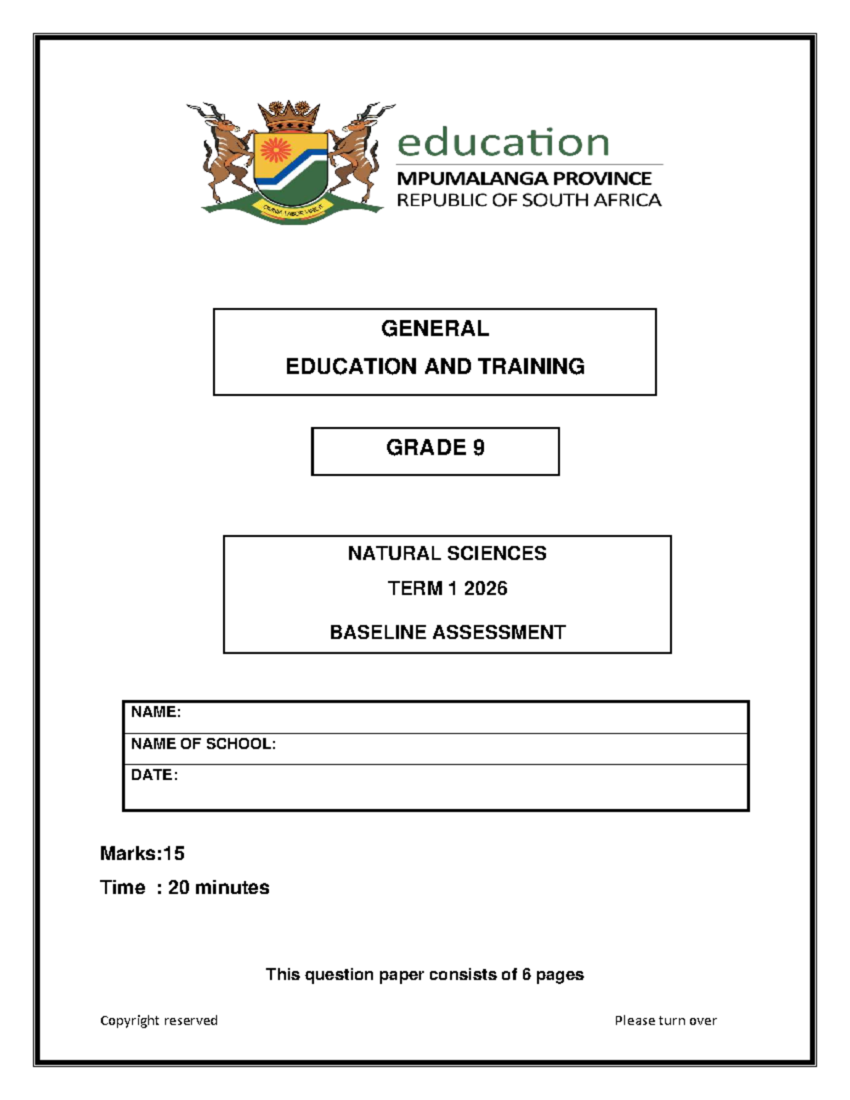2026 Grade 9 NS Term 1 Baseline Assessment Question Paper - Studocu