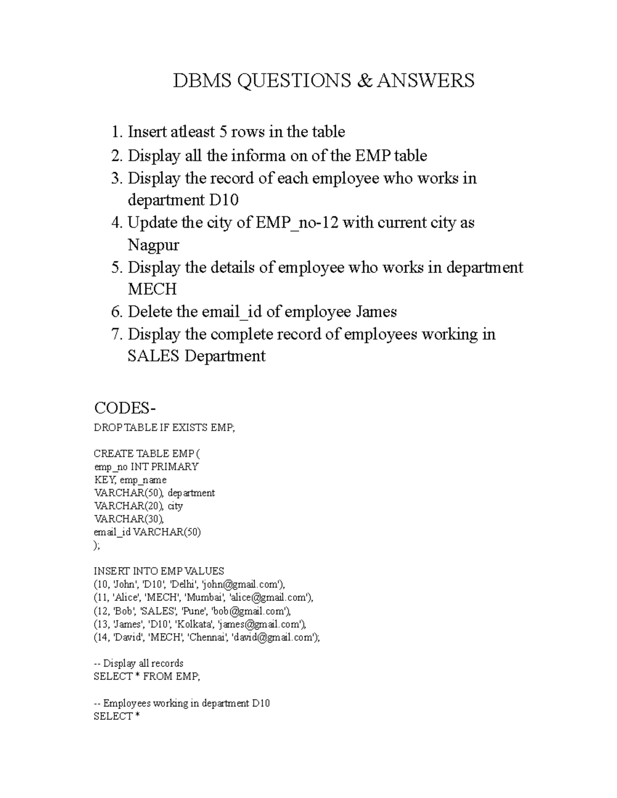 DBMS - SQL Operators and Employee Management Assignment - Studocu