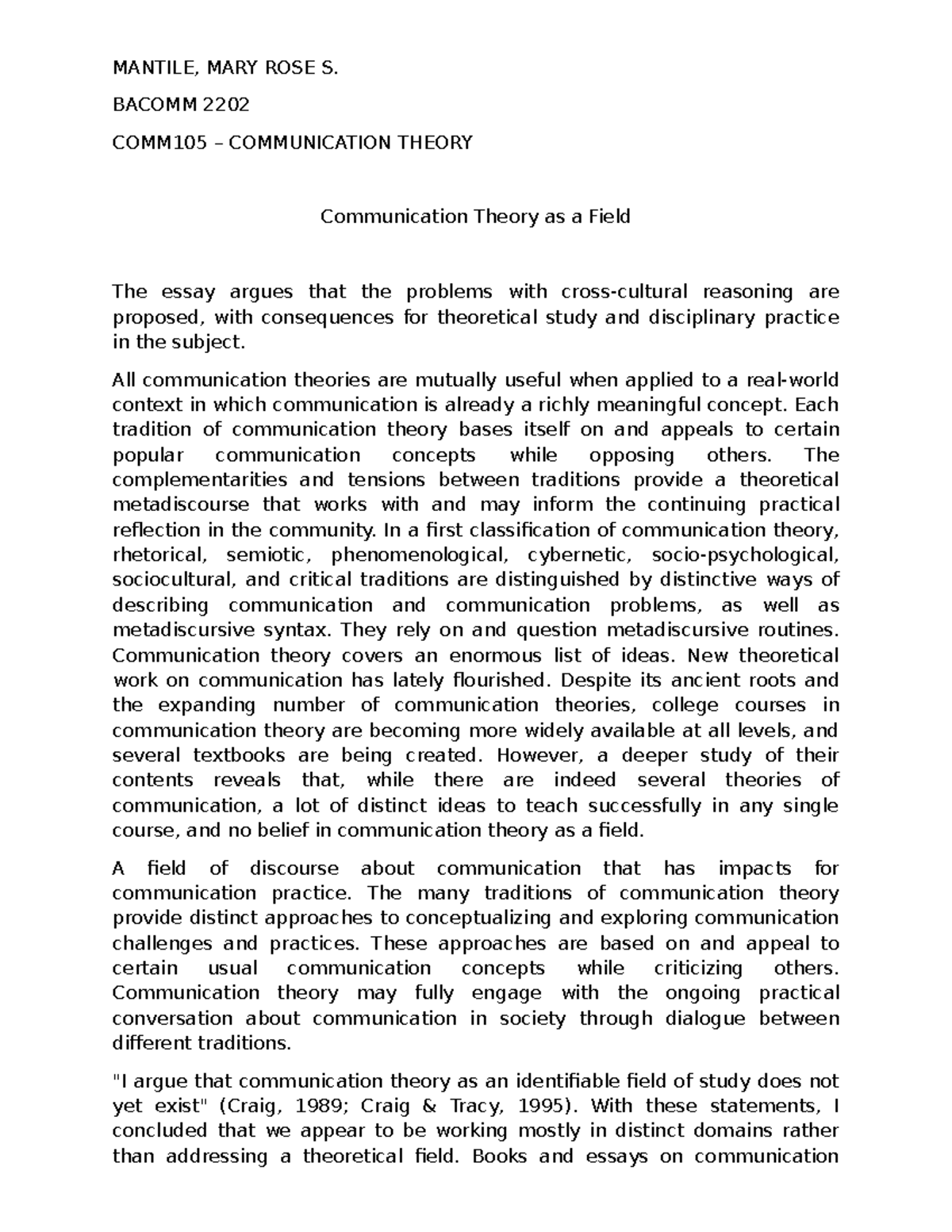 communication theory as a field - MANTILE, MARY ROSE S. BACOMM 2202 ...