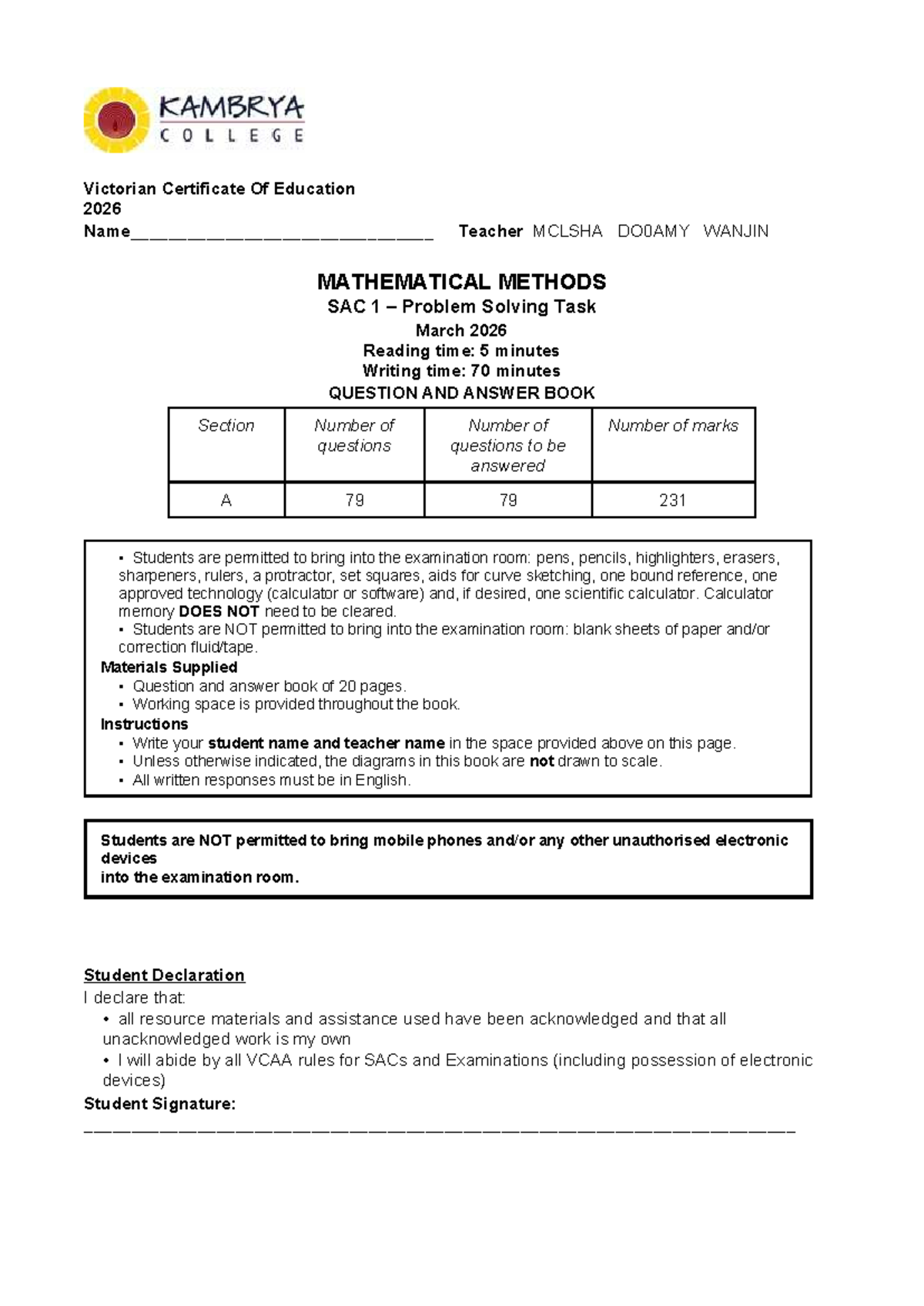 Mathematical Methods SAC 1 Problem Solving Task 2026 - Practice 79 ...