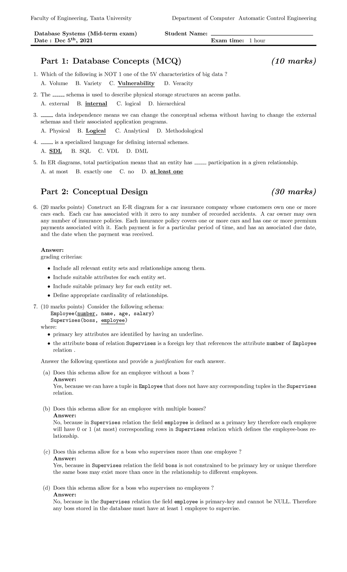 Database Systems Midterm Exam 2022 - Questions and Answers - Studocu