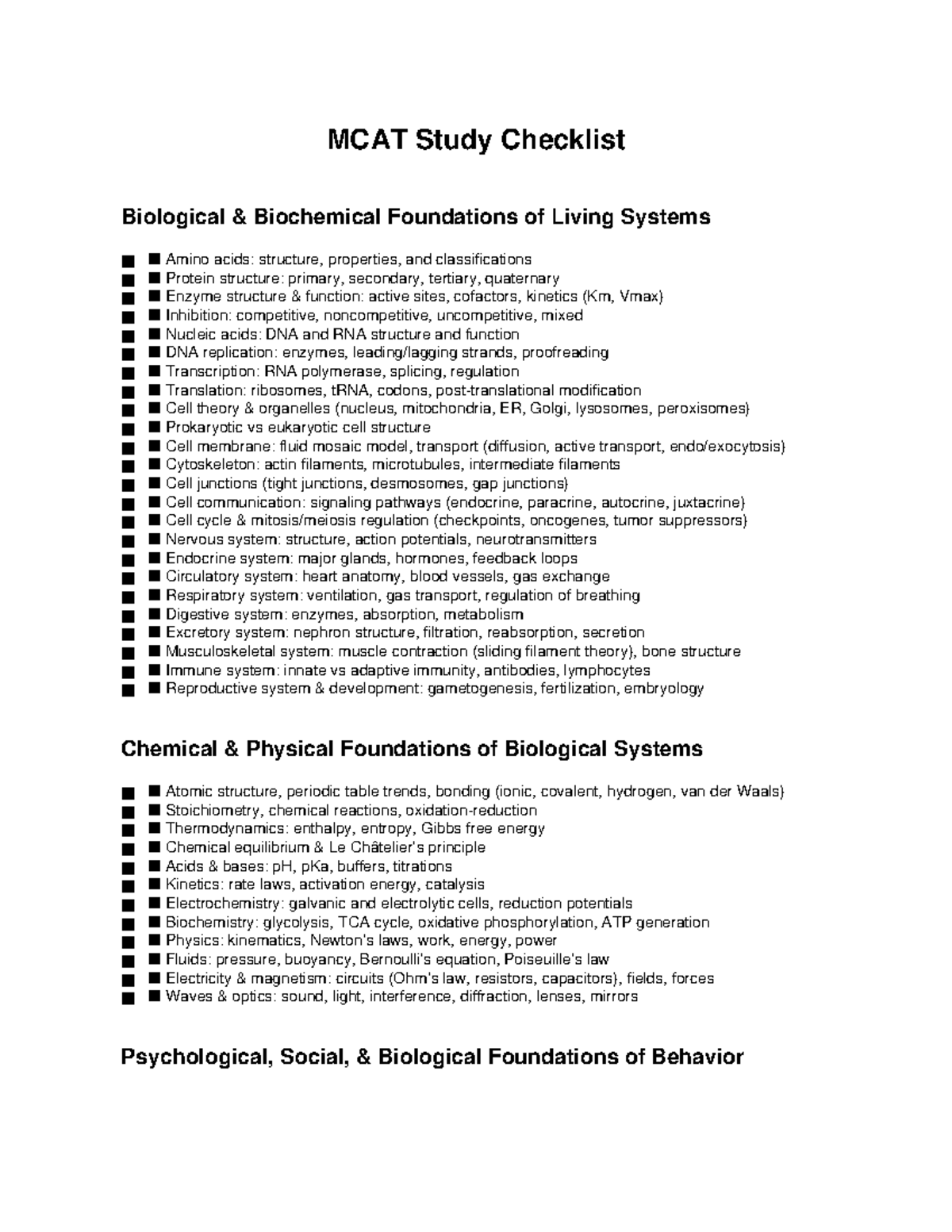 MCAT Study Checklist: Biological & Biochemical Foundations - Studocu