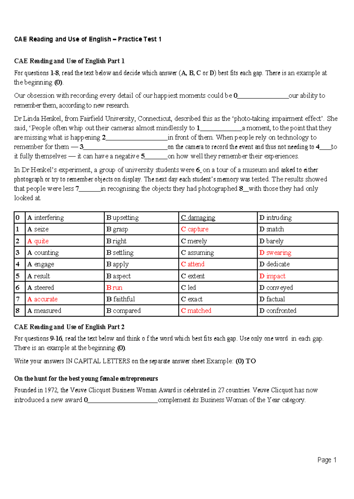 CAE Reading and Use of English Practice Test 1 Printable - CAE Reading ...