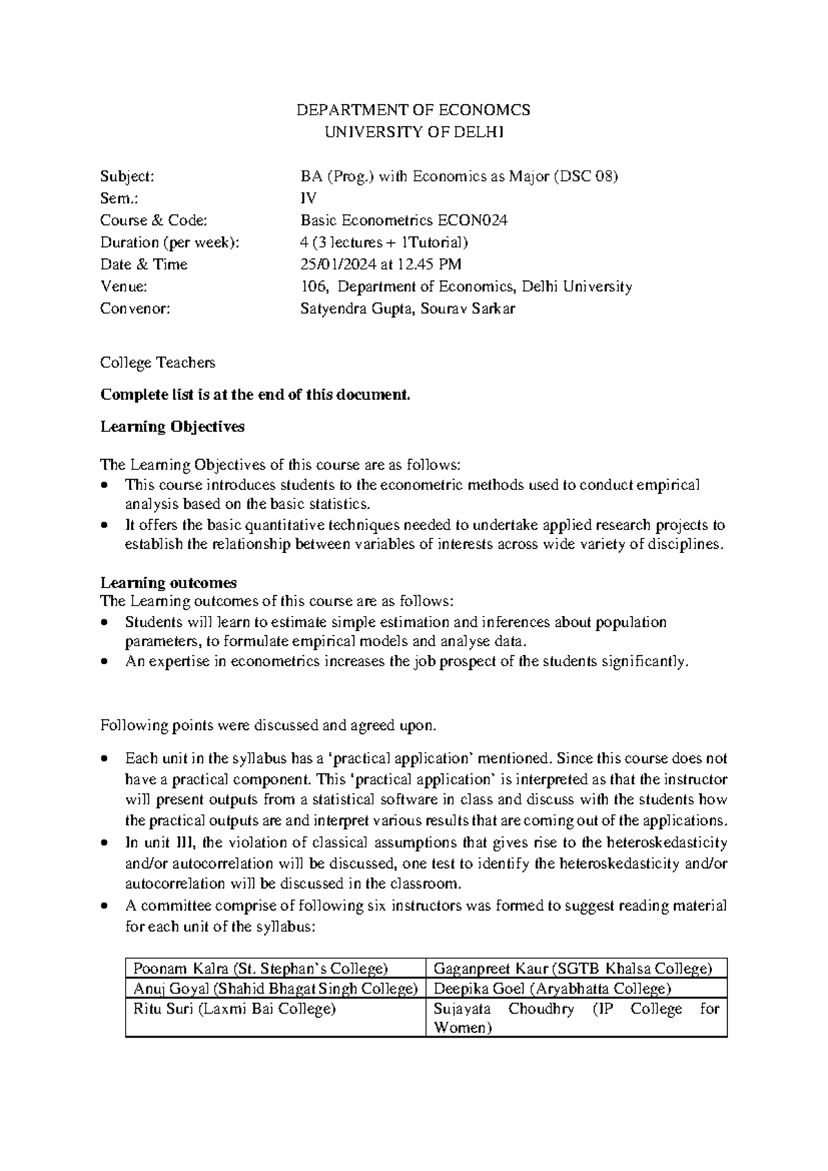 Basic Econometrics Syllabus and Learning Outcomes - ECON024 - Studocu