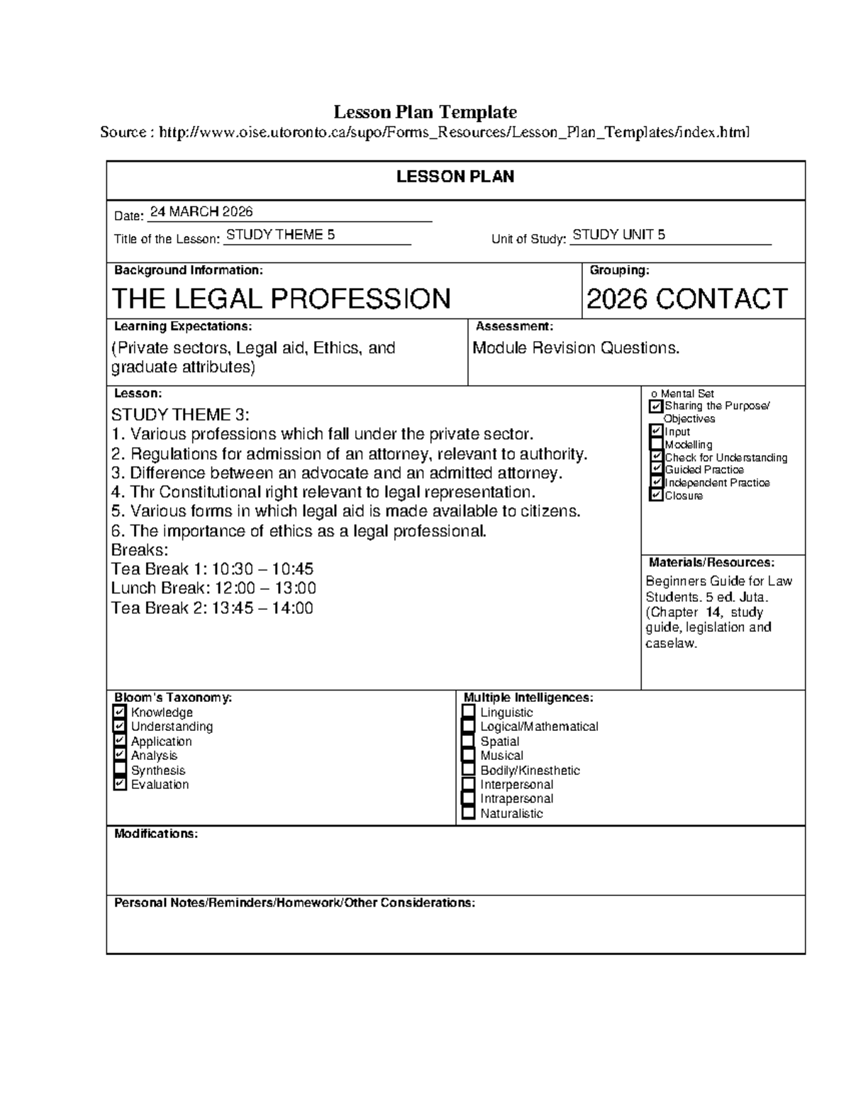 Lesson Plan Template for Legal Profession Study - Studocu