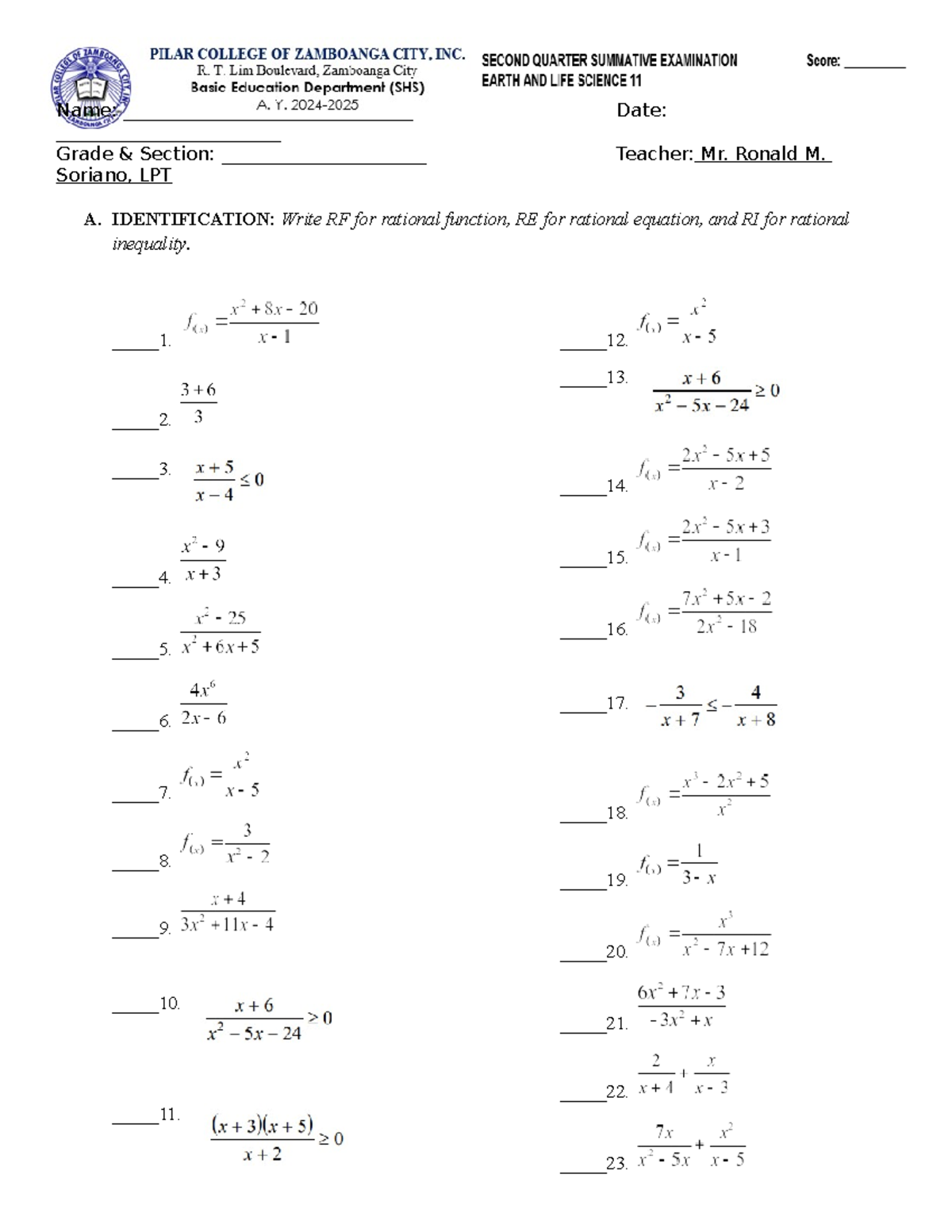 Long test gen math - hghjg - ________________________ Grade & Section