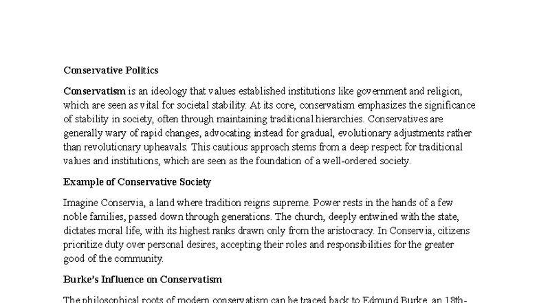 Conservative Politics: Ideologies, Influences, and Modern Impacts - Studocu