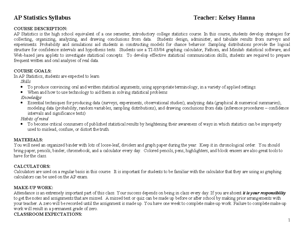AP Statistics Syllabus (AP Stat) - Course Overview and Expectations - Studocu