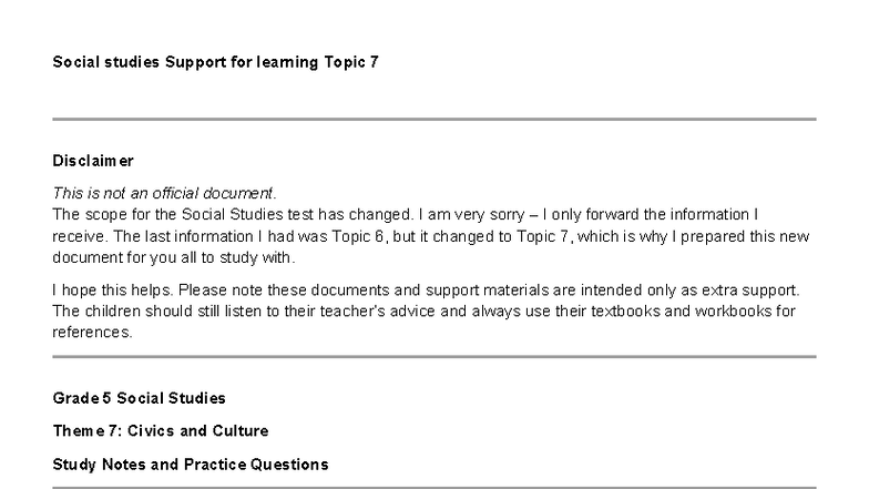 Grade 5 Social Studies Topic 7: Civics and Culture Study Notes - Studocu