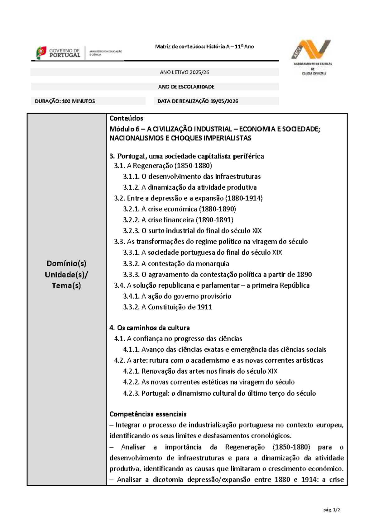 Matriz de Conteúdos: História A 11º Ano - 5º Teste 3º Período - Studocu