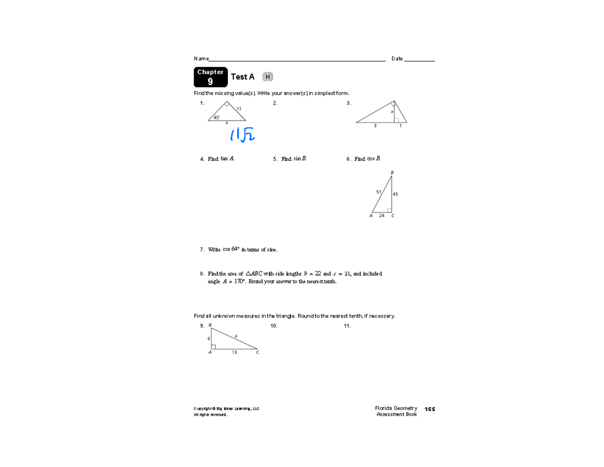 Unit 9 Geometry Practice Test - Finding Missing Values and Angles - Studocu