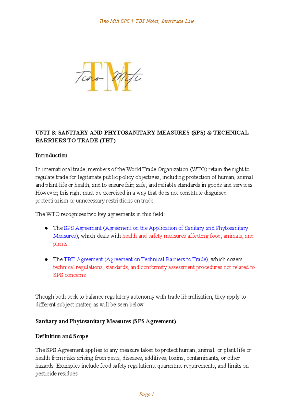 SPS & TBT Measures in Intertrade Law: UNIT 8 Overview - Studocu