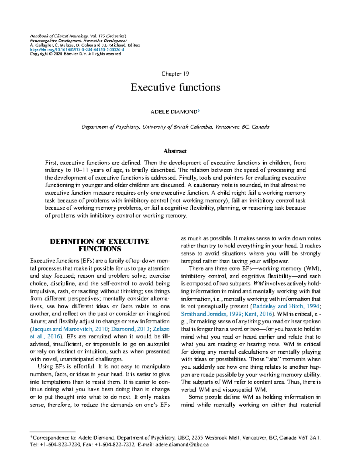(Diamond, 2020) - Chapter 19 Executive functions ADELE DIAMOND* Department of Psychiatry ...
