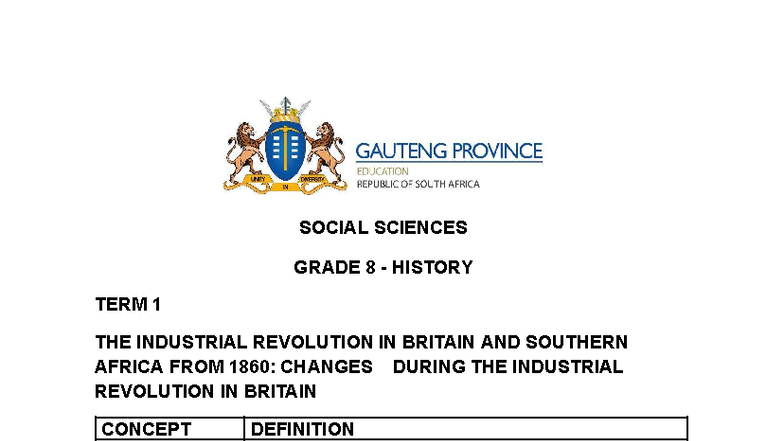 SOCIAL SCIENCES GRADE 8 HISTORY TERM 1: INDUSTRIAL REVOLUTION ...