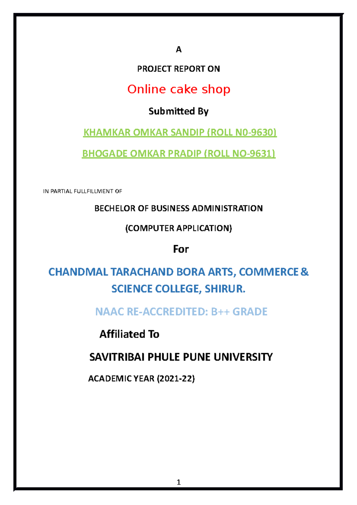 Online Cake Shop Project Report - BBA(CA) 2021-22 - Studocu