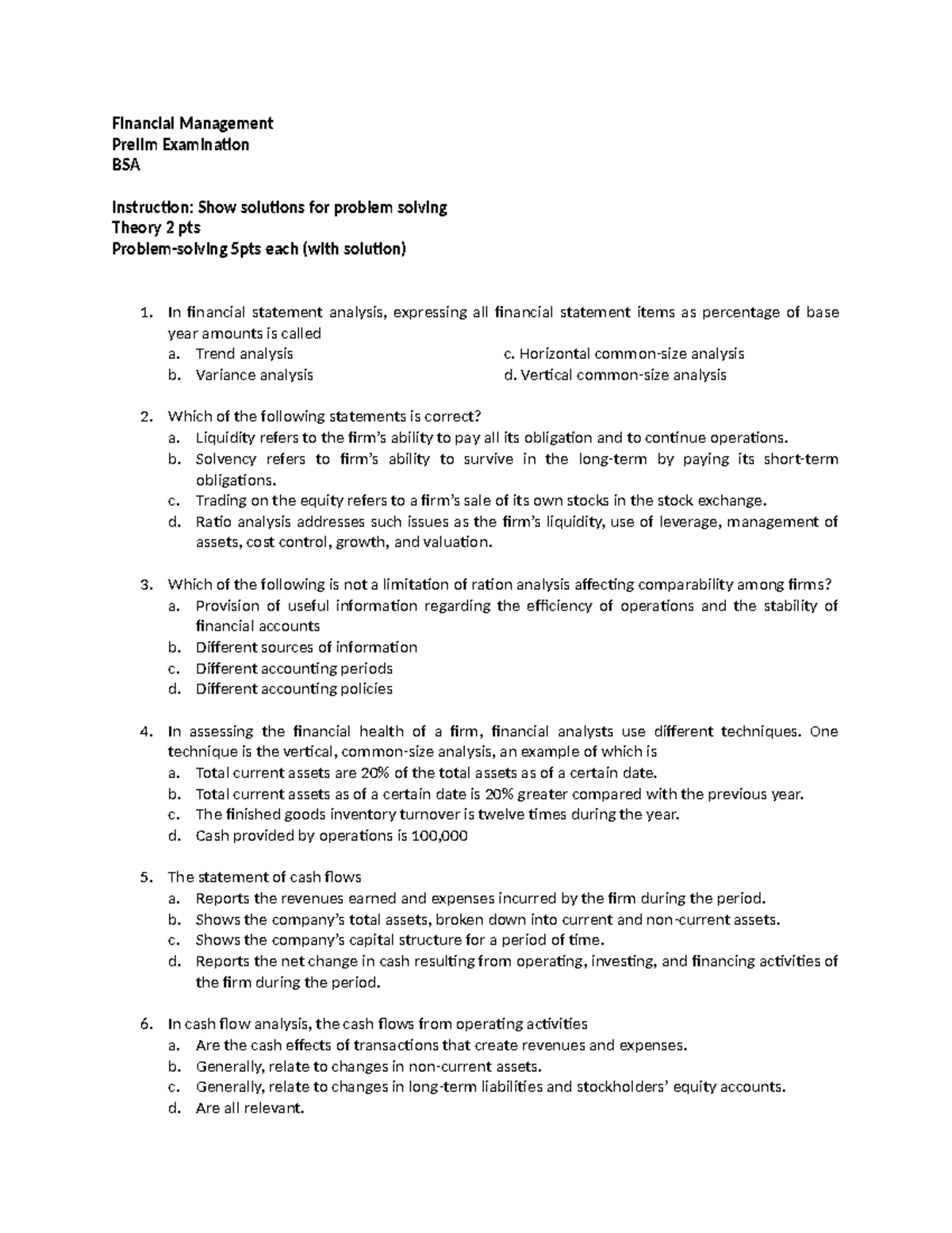 Financial Management Prelim Exam Solutions BSA - Studocu