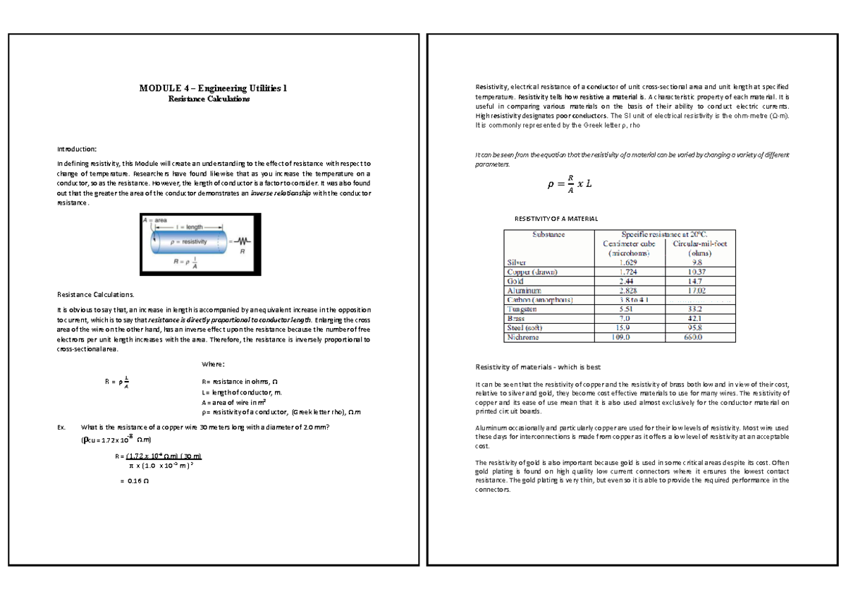 Module 4: Engineering Utilities 1 - Resistance Calculations and Effects ...