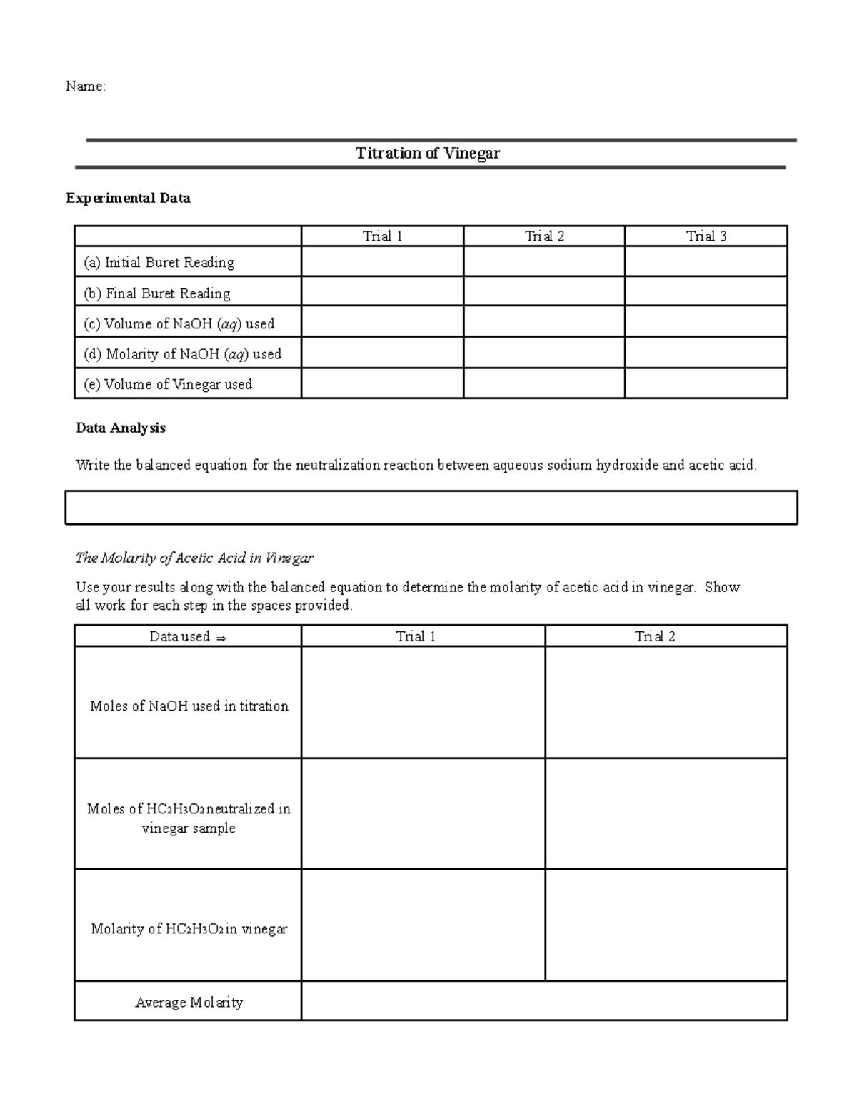 Titration Lab Report- Fundamentals of General Chemistry - Name ...