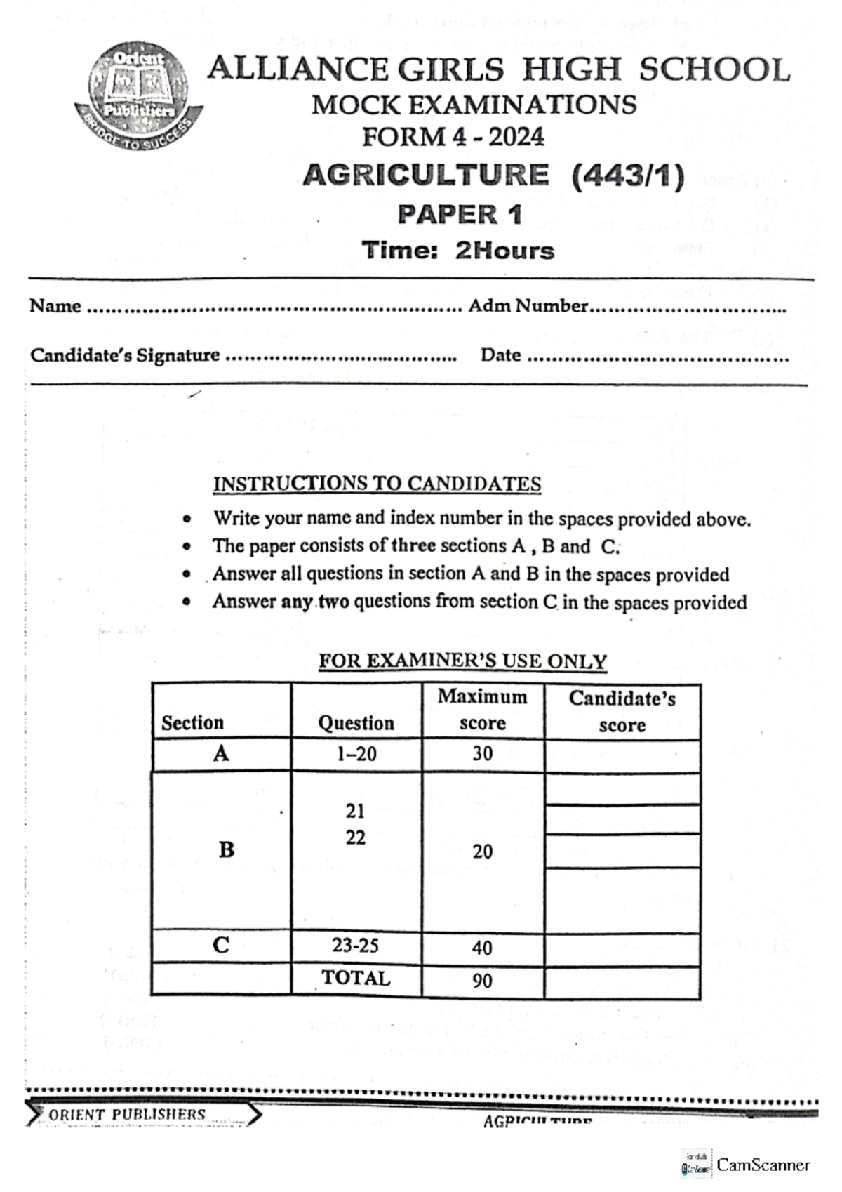 Agriculture Mock Exam Paper 1 - Alliance Girls High School Form 4 2024 ...