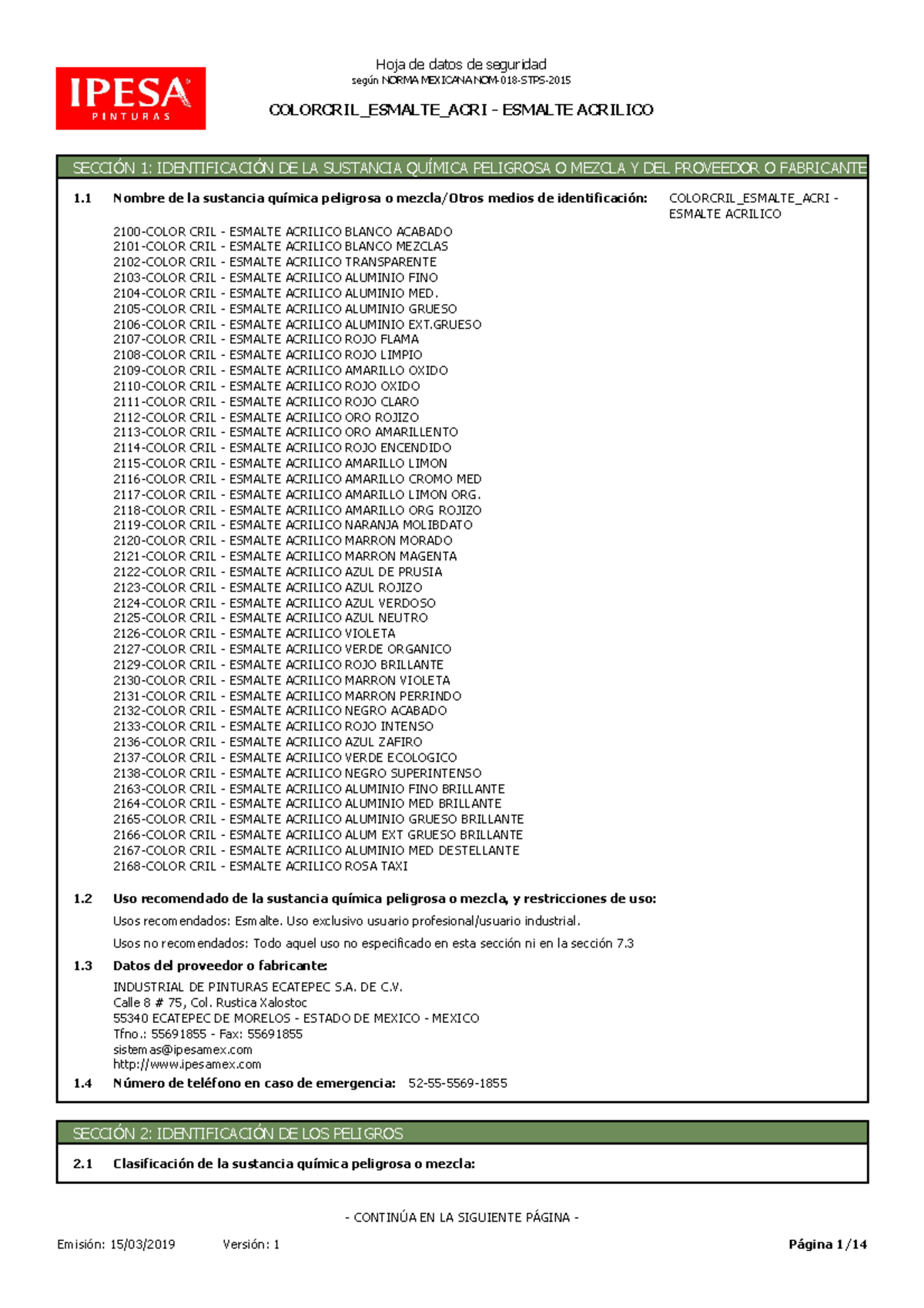 Hoja de Seguridad del Esmalte Acrílico COLORCRIL según NOM-018-STPS ...