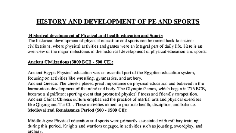 HISTORICAL DEVELOPMENT OF PE & SPORTS: A Comprehensive Overview - Studocu