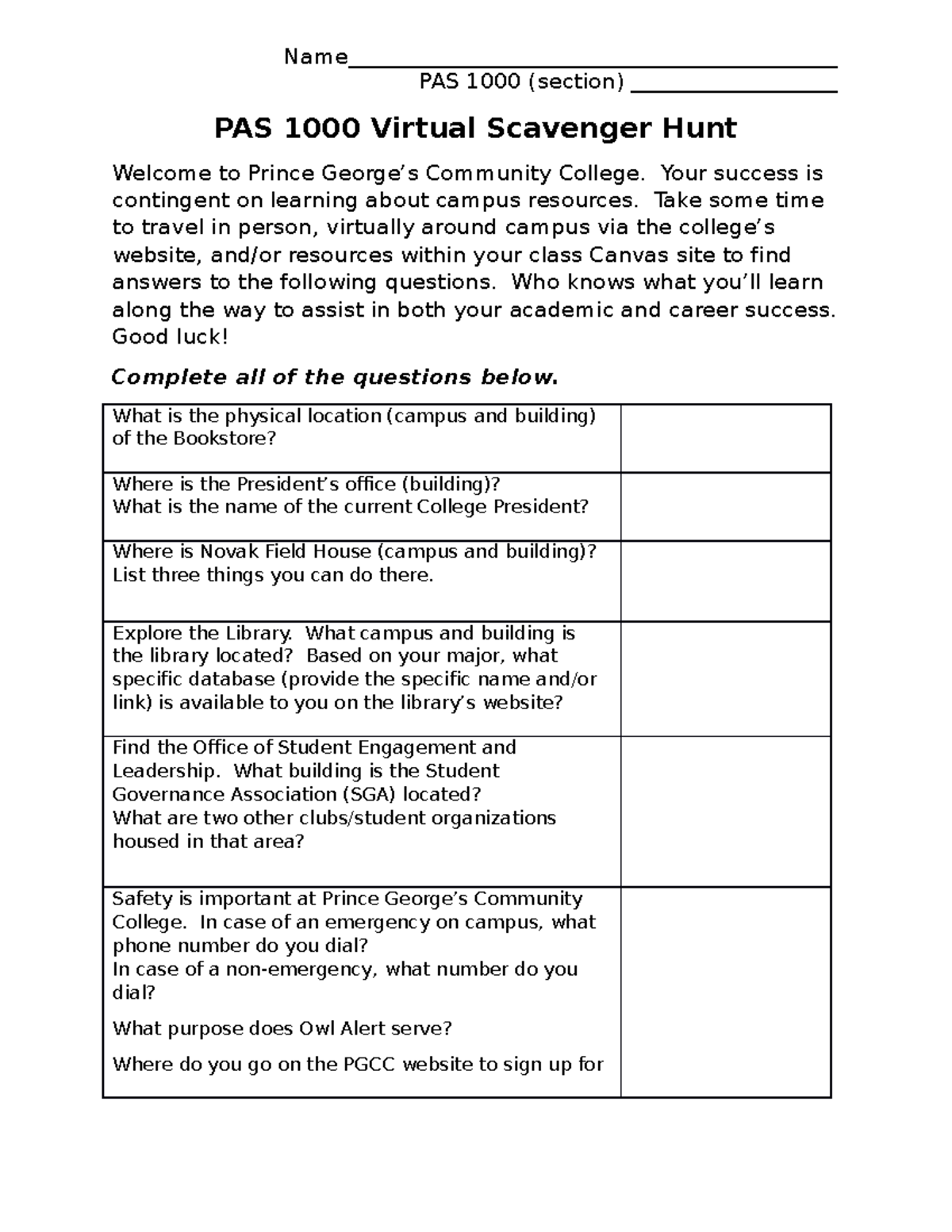 PAS 1000 M1 Virtual Scavenger Hunt: Explore Campus Resources - Studocu