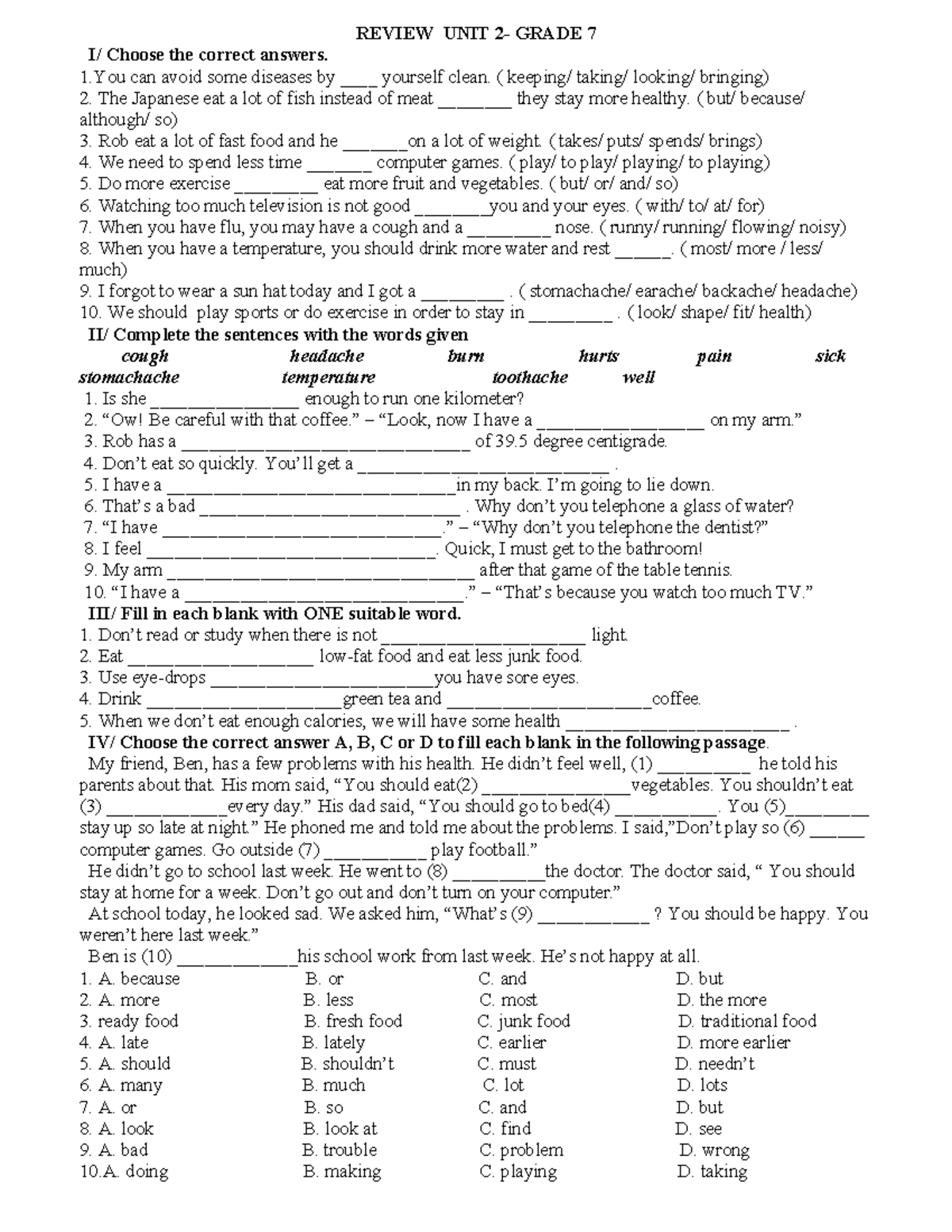 REVIEW UNIT 2 GRADE 7: Health and Well-being Quiz - Studocu
