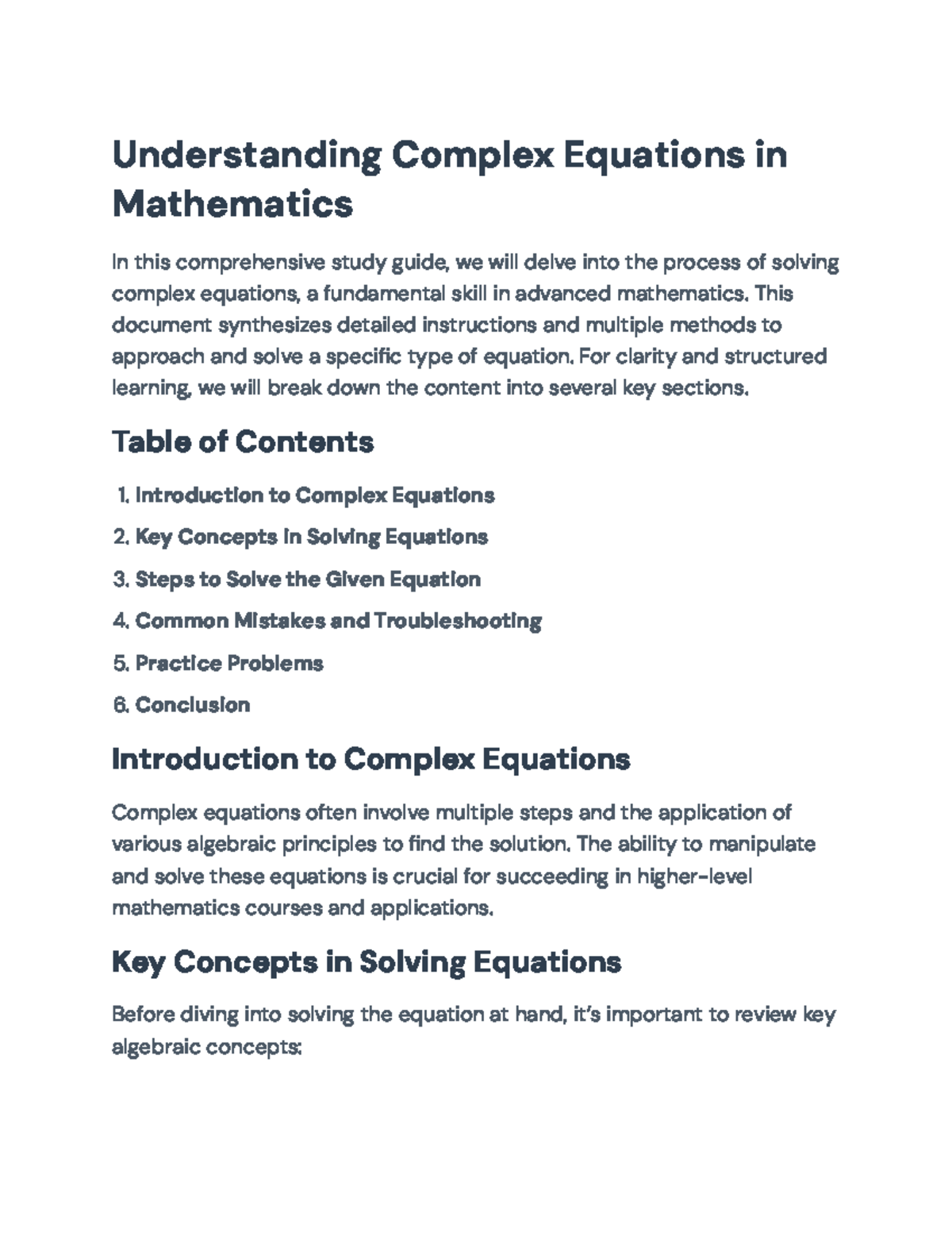 Understanding Complex Equations: A Study Guide in Mathematics ...