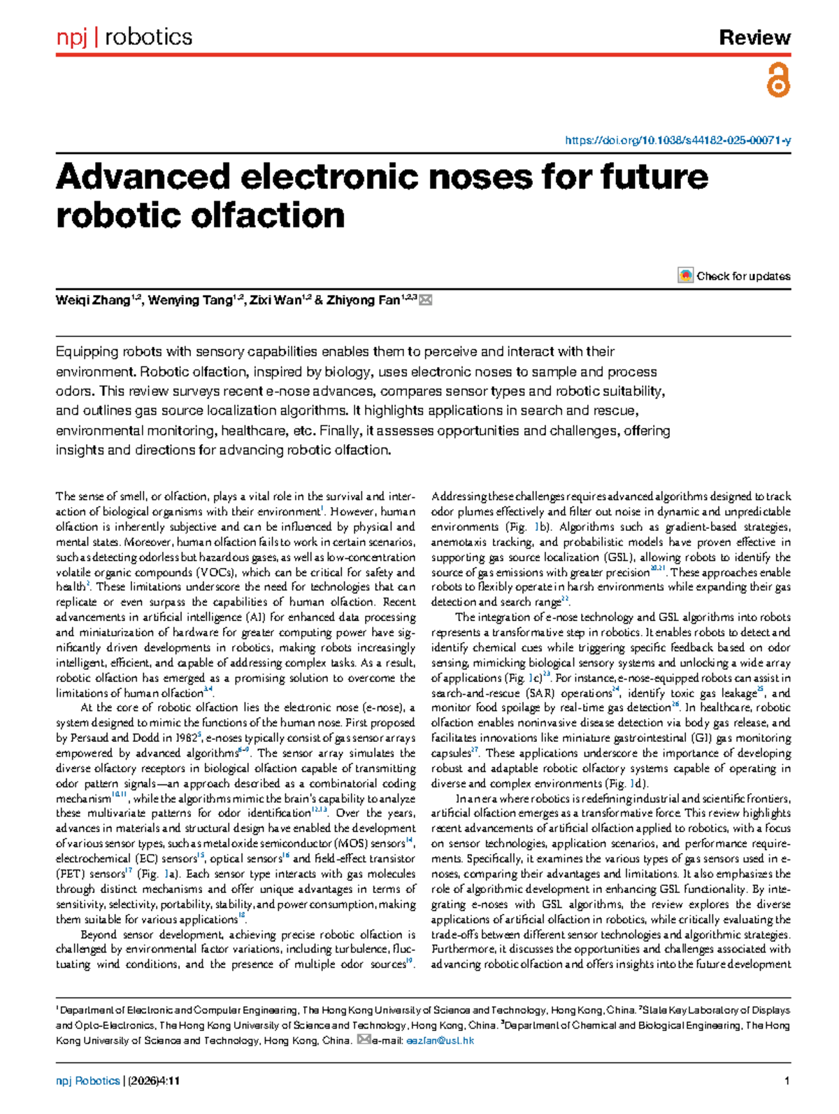 Advanced Electronic Noses for Robotic Olfaction: A Review (NPJ Robotics ...