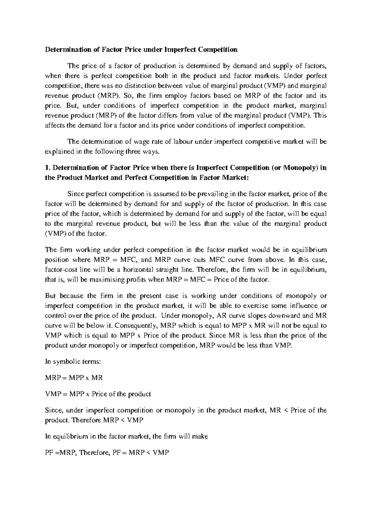 Analysis of Factor Price Determination in Imperfect Competition (ECO ...