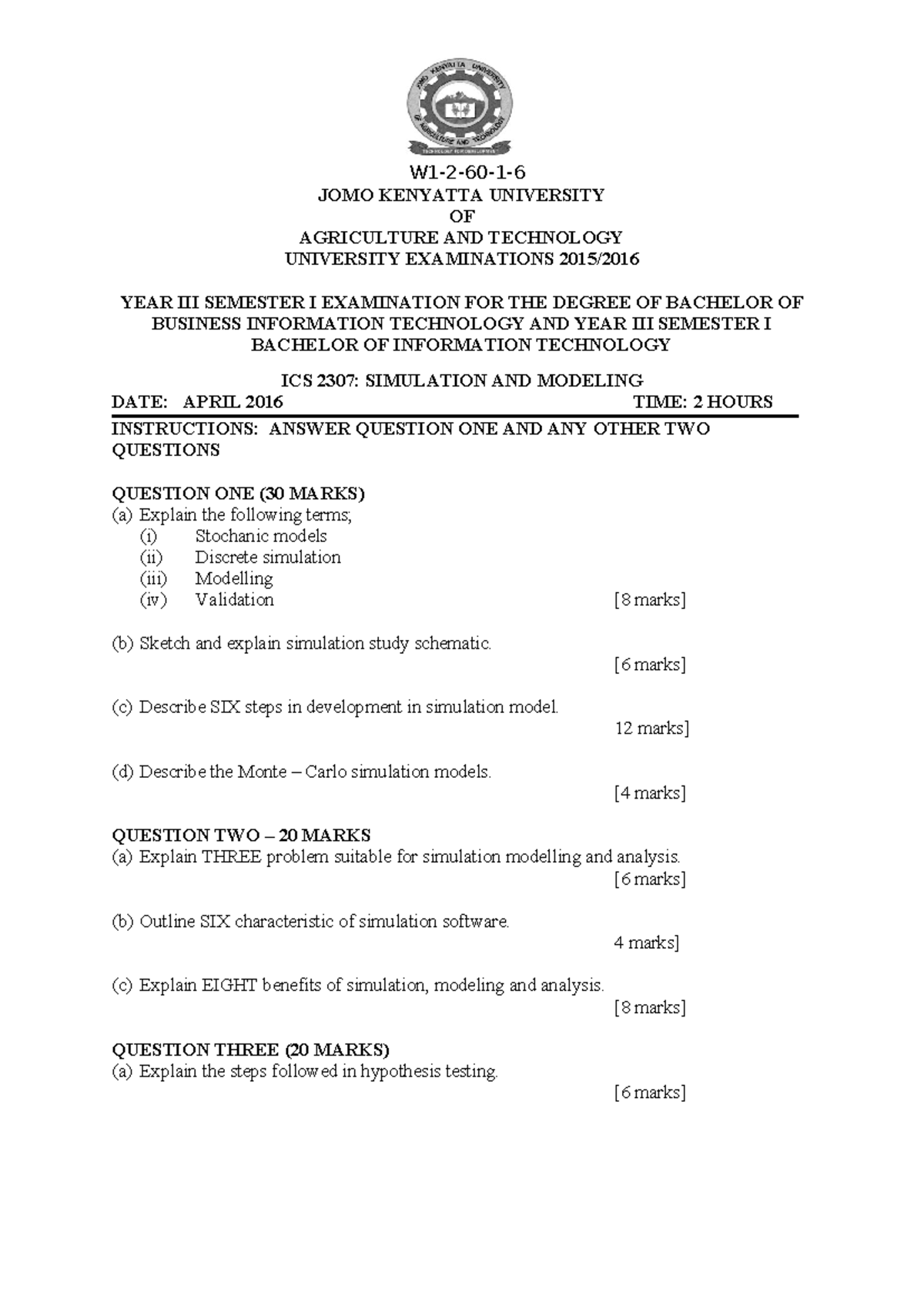 ICS 2307 Simulation AND Modeling - W1-2-60-1- JOMO KENYATTA UNIVERSITY ...
