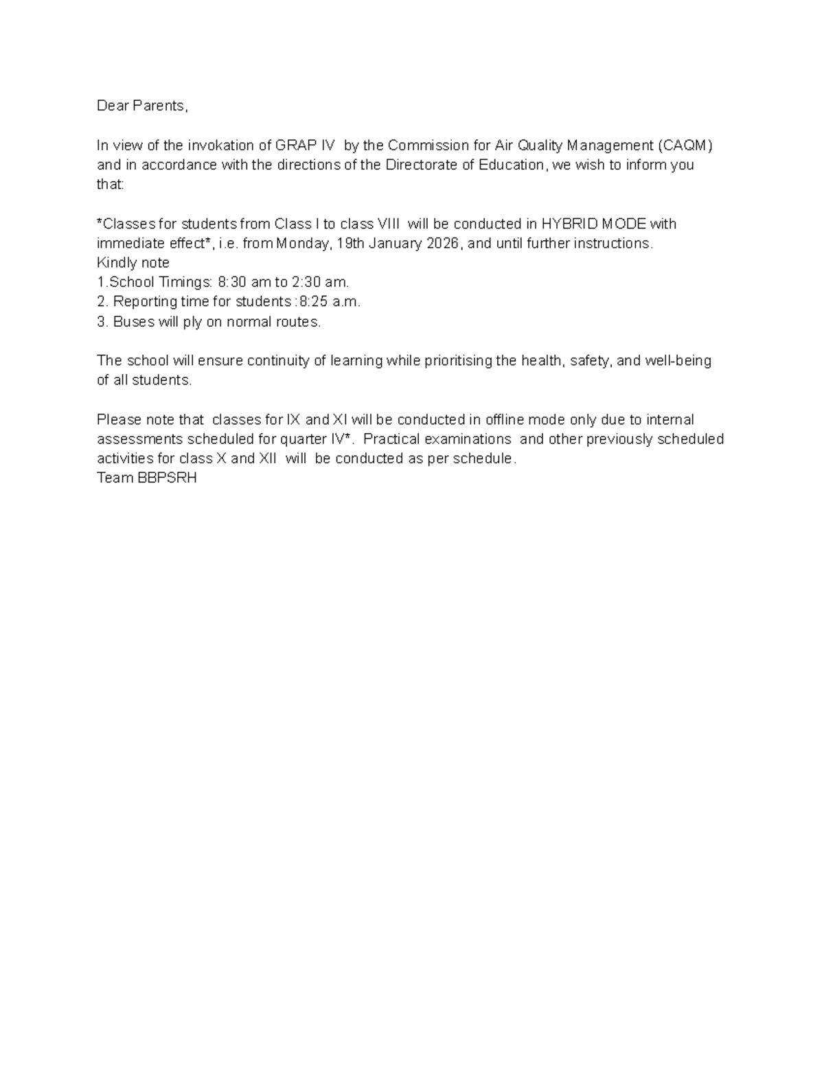 Hybrid Mode Class Schedule Notification for Parents - BBPSRH - Studocu