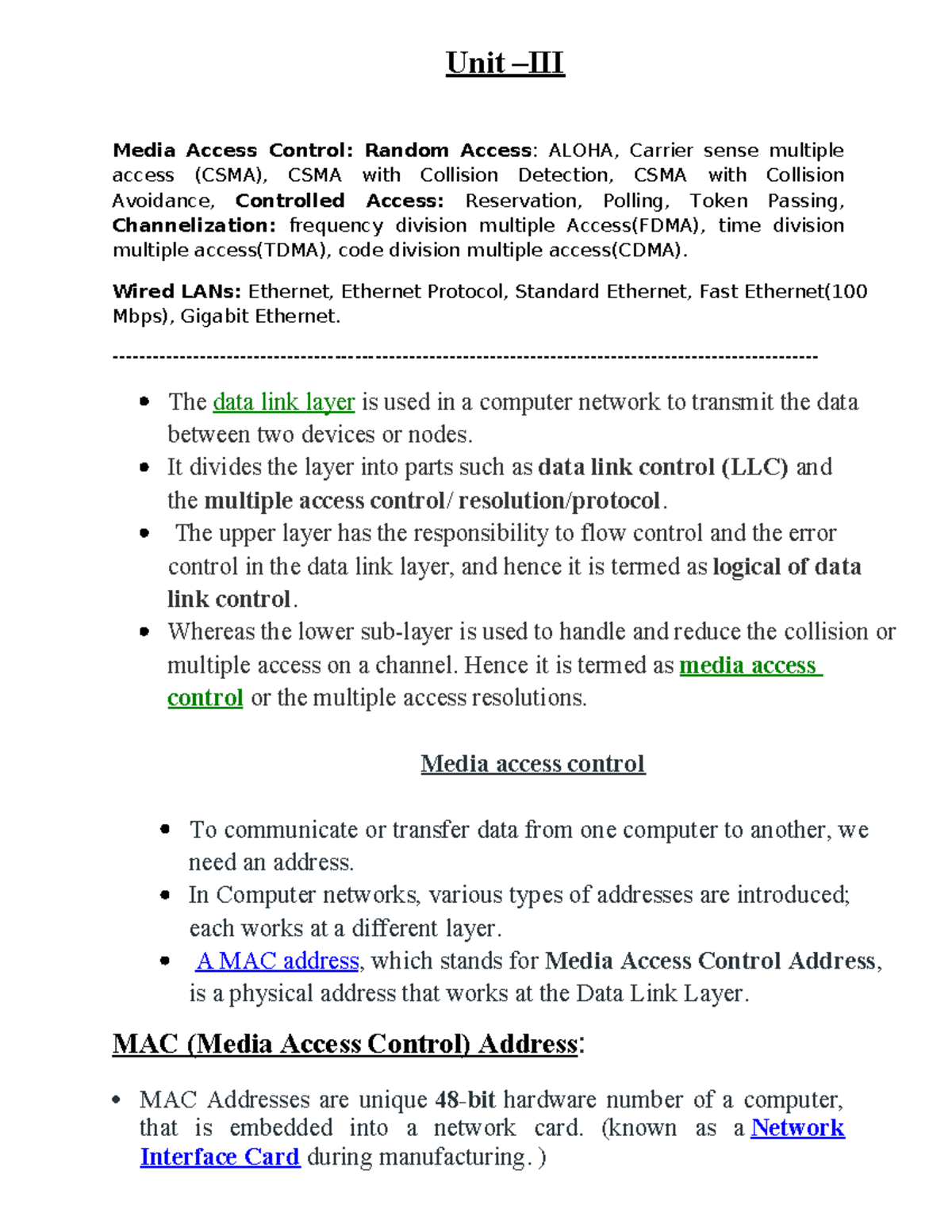 Unit 3: Media Access Control Protocols in Computer Networks (SCSD) - Studocu