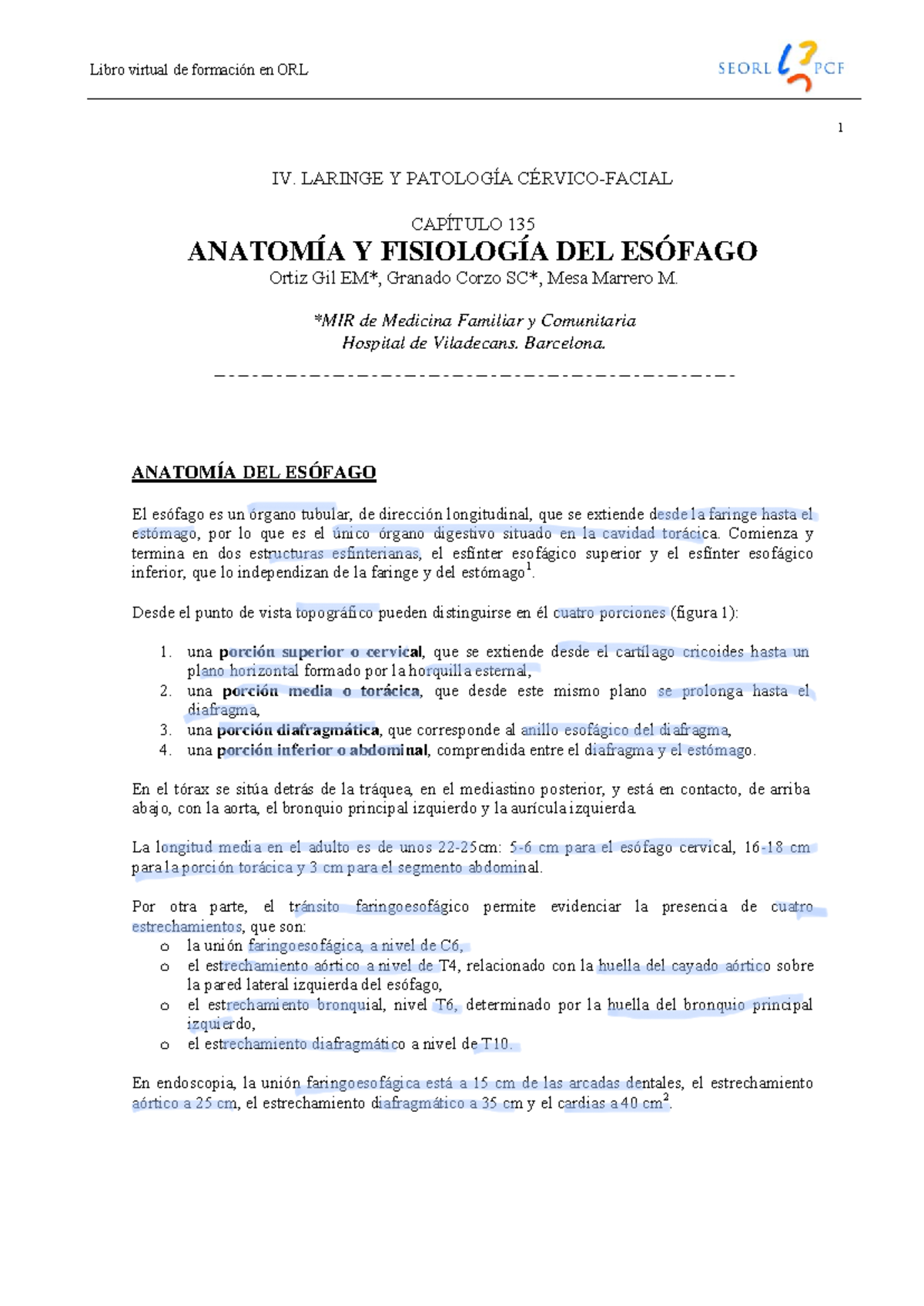 135 - Anatomía y Fisiología del Esófago en Formacion ORL - Studocu