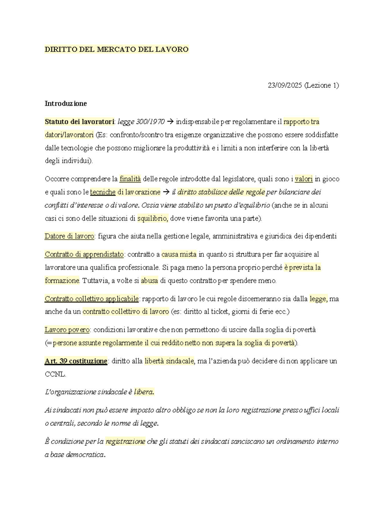 DIRITTO DEL LAVORO (Lezione 1) - Introduzione e Statuto dei Lavoratori ...
