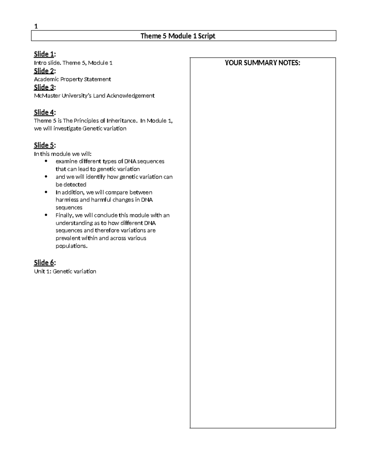 Theme 5 Module 1 Script: Genetic Variation in DNA - BIO1A03 - Studocu