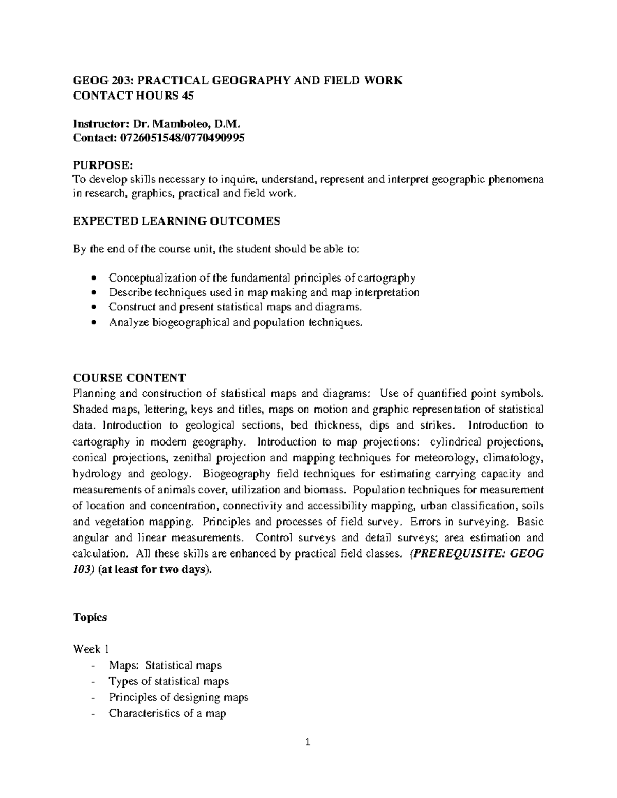 GEOG 203: Course Outline for Practical Geography & Field Work - Studocu