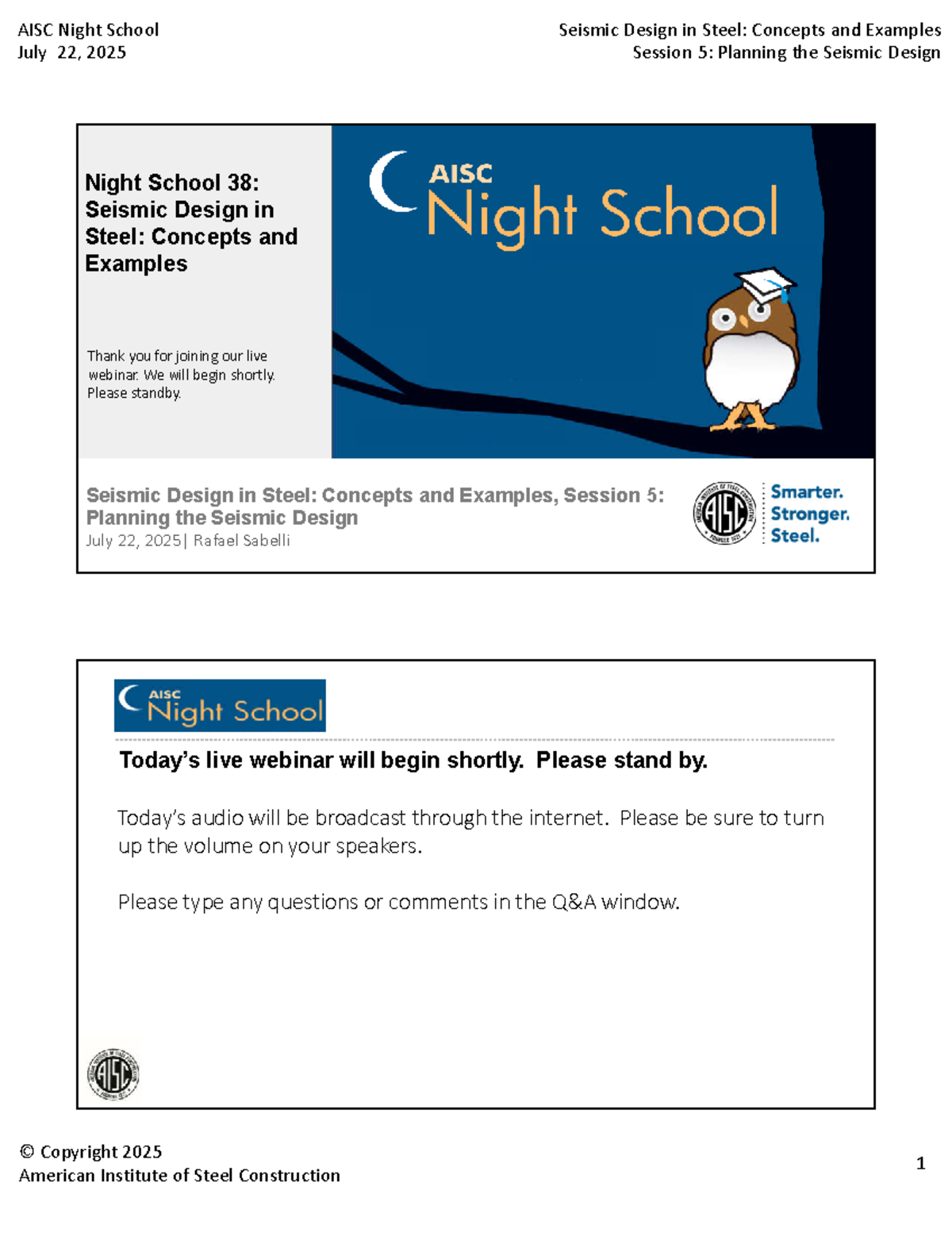 AISC Night School: Seismic Design in Steel - Session 5 Overview - Studocu
