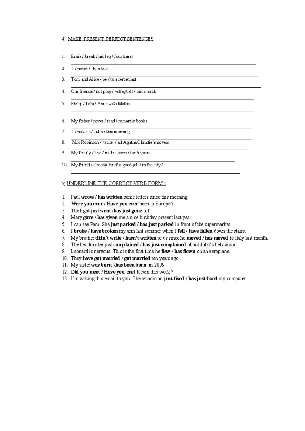 Present Perfect Sentences Practice and Exercises - Studocu