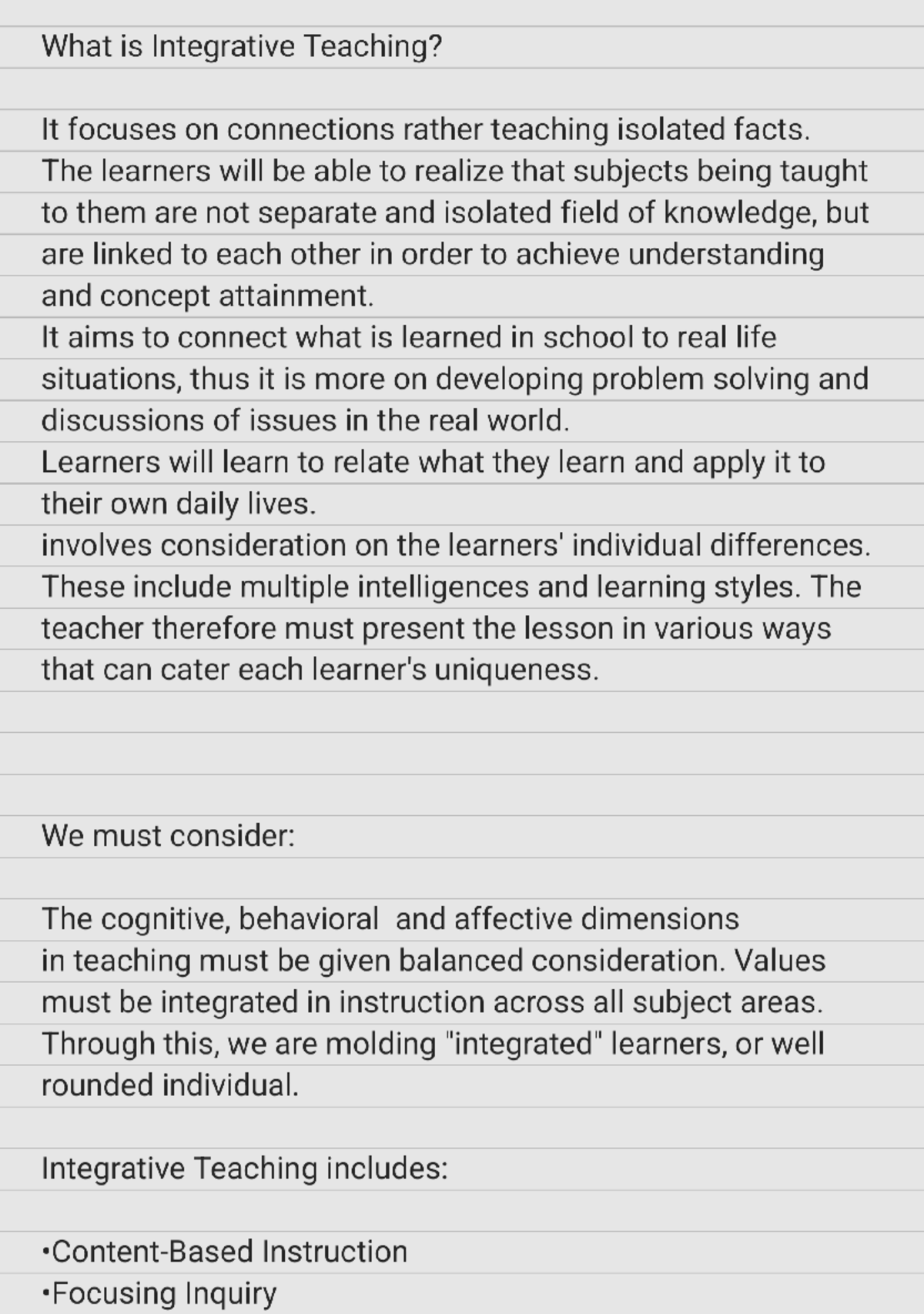Integrative Teaching - The learners will be able to realize that ...