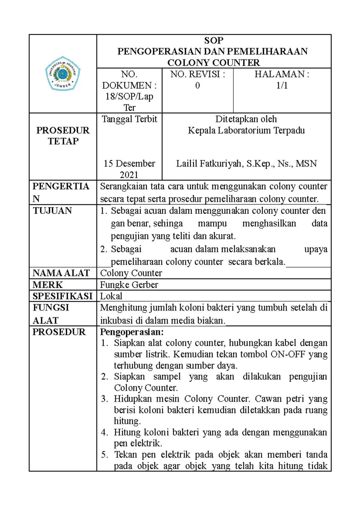 SOP Pengoperasian dan Pemeliharaan Colony Counter No. 18 - Studocu