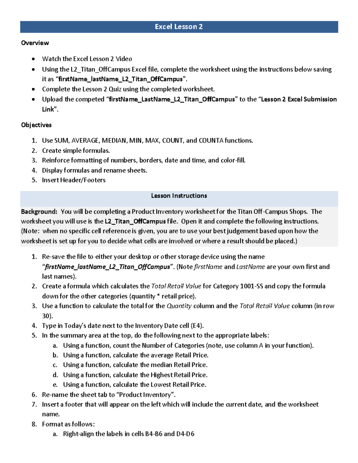 Excel Lesson 2 Instructions (Spring)-1 - Excel Lesson 2 Overview Watch ...