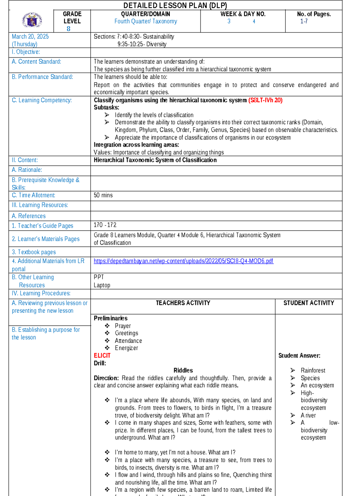 Grade 8 DLP: Hierarchical Taxonomic System (03-20-25) - Studocu