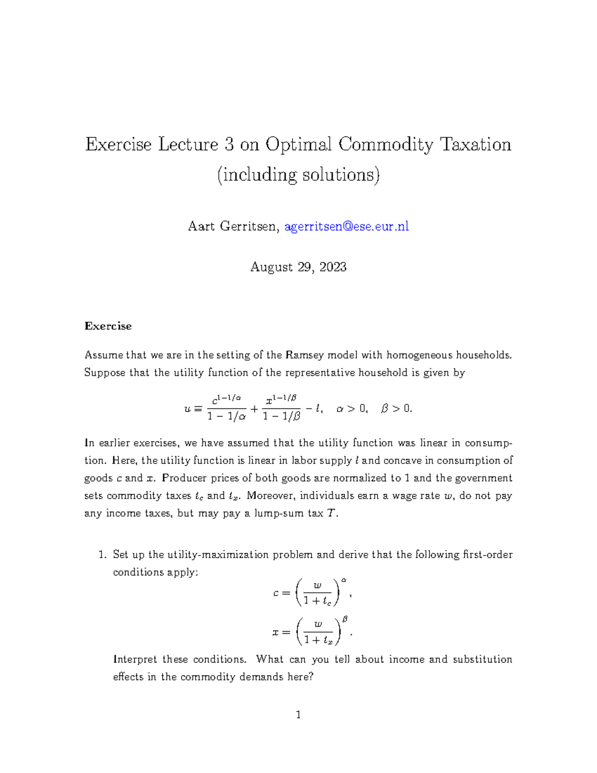 Exercise Lecture 3: Optimal Commodity Taxation Solutions (Econ 101) - Studeersnel