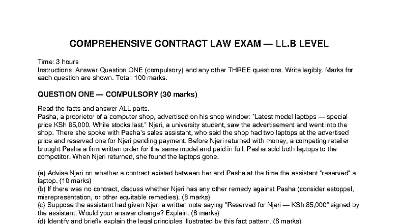 Comprehensive Contract Law Exam LL.B - Kenya - Studocu
