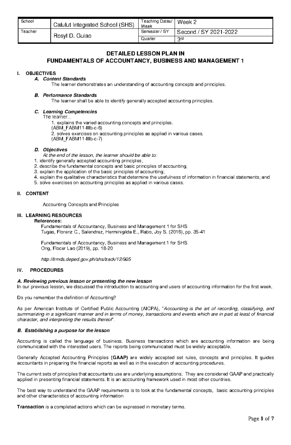 FABM1 Q3Wk2 Detailed Lesson Plan: Fundamentals of Accountancy - Studocu