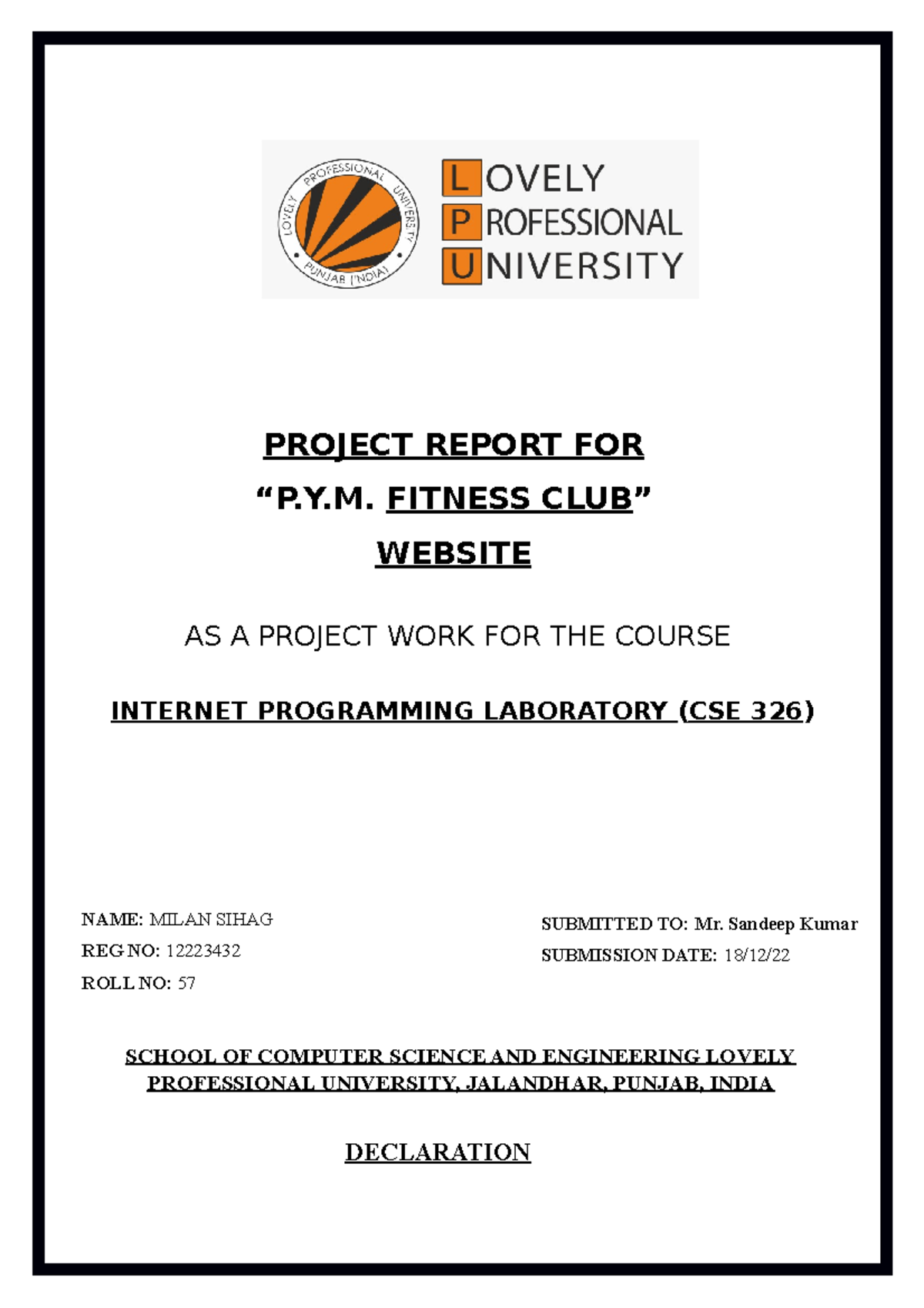 HTML PRO Report - PROJECT REPORT FOR “P.Y. FITNESS CLUB” WEBSITE AS A ...