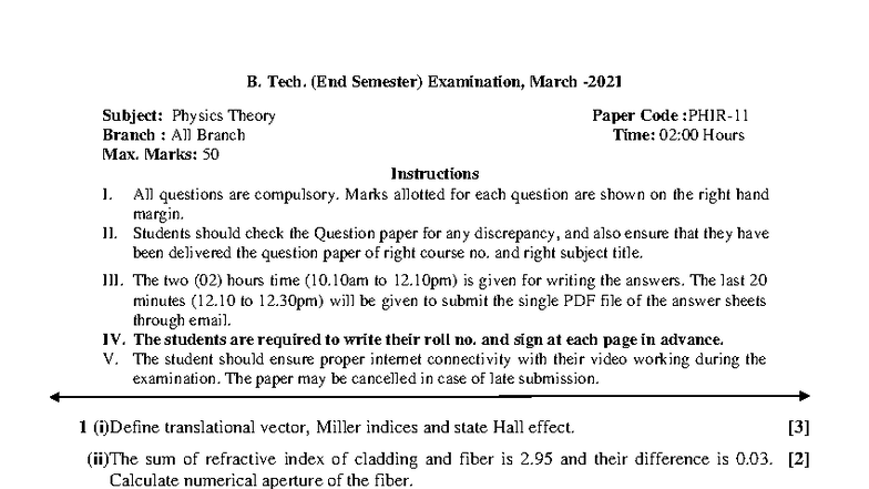 B. Tech. Physics End Semester Exam (PHIR11) March 2021 - Studocu